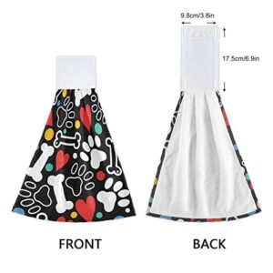 SLHKPNS Paw Prints Bones Hearts Kitchen Hanging Hand Towels, Funny Valentines Absorbent Tie Towel with Loop 2 PCS Kitchen Linen Sets for Bathroom Restroom Home Decor