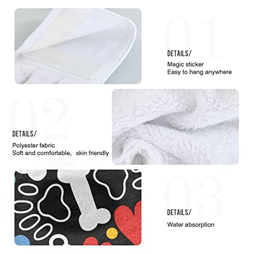 SLHKPNS Paw Prints Bones Hearts Kitchen Hanging Hand Towels, Funny Valentines Absorbent Tie Towel with Loop 2 PCS Kitchen Linen Sets for Bathroom Restroom Home Decor