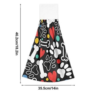 SLHKPNS Paw Prints Bones Hearts Kitchen Hanging Hand Towels, Funny Valentines Absorbent Tie Towel with Loop 2 PCS Kitchen Linen Sets for Bathroom Restroom Home Decor