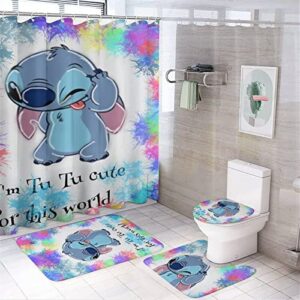 fmsnupz cartoon shower curtain 4pcs set, cute bathroom decor with non-slip rugs, toilet lid cover and bath mat, waterproof fabric shower curtains with 12 hooks, 70.8"x70.8"