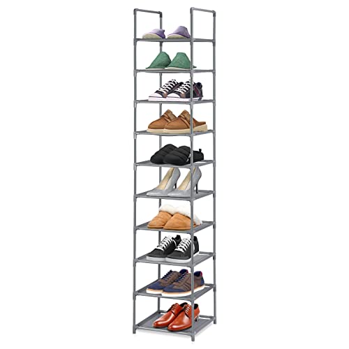 Hossejoy 10 Tier Shoe Rack, Metal Shoe Shelf Storage, Tall Vertical Storage Organizer Stand, Home Shoe Tower with Non-Woven Fabric for Narrow Space, Cloakroom, Entryway, Grocery Room (Grey)