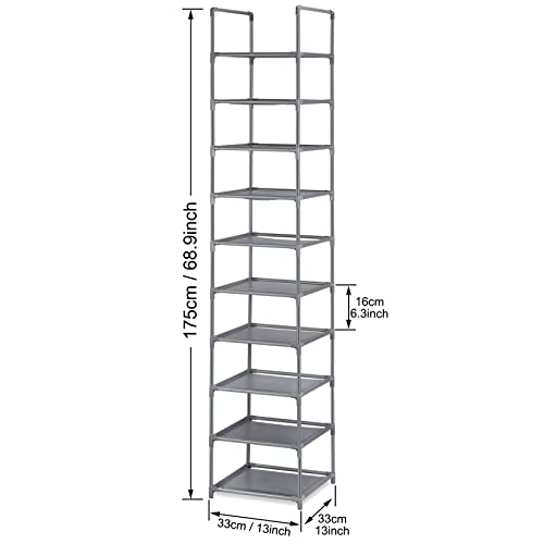 Hossejoy 10 Tier Shoe Rack, Metal Shoe Shelf Storage, Tall Vertical Storage Organizer Stand, Home Shoe Tower with Non-Woven Fabric for Narrow Space, Cloakroom, Entryway, Grocery Room (Grey)