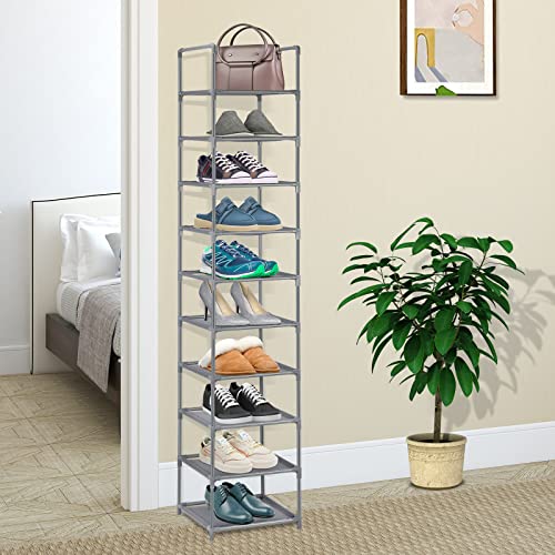 Hossejoy 10 Tier Shoe Rack, Metal Shoe Shelf Storage, Tall Vertical Storage Organizer Stand, Home Shoe Tower with Non-Woven Fabric for Narrow Space, Cloakroom, Entryway, Grocery Room (Grey)