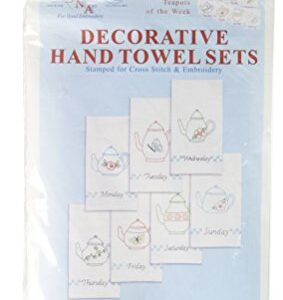 Jack Dempsey 340-687 Stamped Decorative Hand Towels (Set of 7), 15" x 30",Teapots of The Week, White