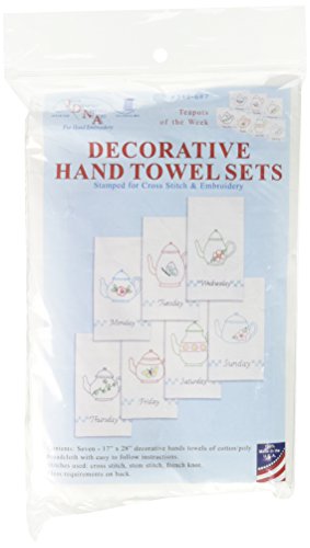 Jack Dempsey 340-687 Stamped Decorative Hand Towels (Set of 7), 15" x 30",Teapots of The Week, White