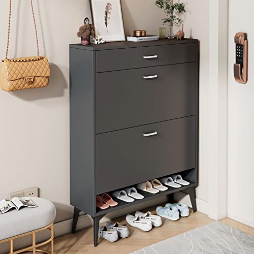 Shoe Cabinet for Entryway Slim, Freestanding Tipping Bucket Shoe Organizer Cabinet with 2 Flip Drawers & Open Shelves for Entryway, Hallway, Grey