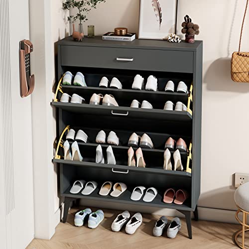 Shoe Cabinet for Entryway Slim, Freestanding Tipping Bucket Shoe Organizer Cabinet with 2 Flip Drawers & Open Shelves for Entryway, Hallway, Grey