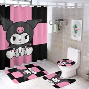 fmsnupz 4pcs anime shower curtain set, cute bathroom decor with non-slip rugs, toilet lid cover and bath mat, waterproof fabric shower curtains with 12 hooks, 70.8"x70.8"