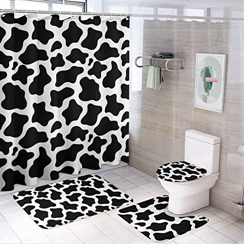 4 Pcs Bathroom Shower Curtain Set，Cow Print Non-Slip Rugs,Toilet Lid Cover and Durable and Waterproof Bath Mat for Bathroom Decor Set