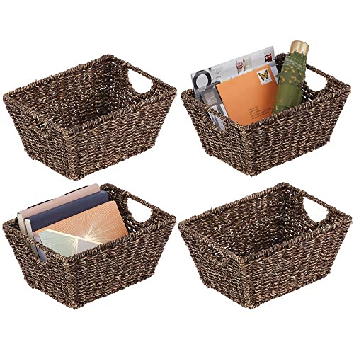 mDesign Natural Woven Seagrass Nesting Closet Storage Organizer Basket Bin for Kitchen Cabinets, Pantry, Bathroom, Laundry Room, Closets, Garage - 4 Pack - Dark Brown