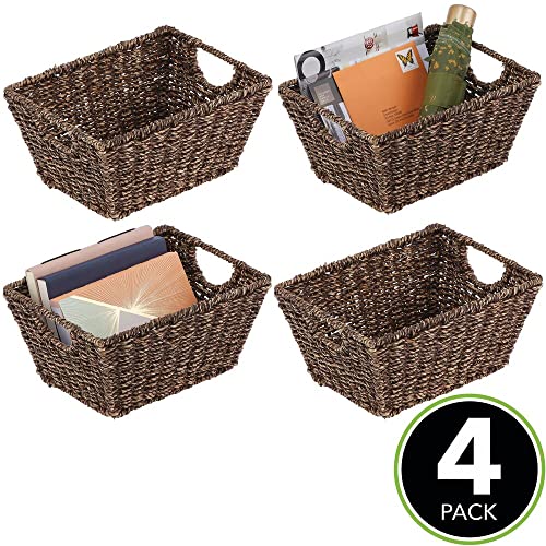 mDesign Natural Woven Seagrass Nesting Closet Storage Organizer Basket Bin for Kitchen Cabinets, Pantry, Bathroom, Laundry Room, Closets, Garage - 4 Pack - Dark Brown