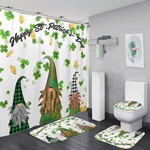 jlong 4 pcs st. patrick's day shower curtain set with non-slip rugs, toilet lid cover bath mat, lucky green leaves irish gnomes elf shower curtain with hooks, farmhouse spring holiday bathroom decor