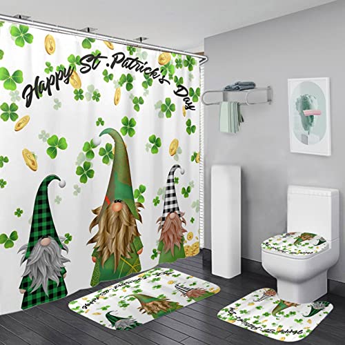 Jlong 4 Pcs St. Patrick's Day Shower Curtain Set with Non-Slip Rugs, Toilet Lid Cover Bath Mat, Lucky Green Leaves Irish Gnomes Elf Shower Curtain with Hooks, Farmhouse Spring Holiday Bathroom Decor