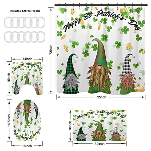 Jlong 4 Pcs St. Patrick's Day Shower Curtain Set with Non-Slip Rugs, Toilet Lid Cover Bath Mat, Lucky Green Leaves Irish Gnomes Elf Shower Curtain with Hooks, Farmhouse Spring Holiday Bathroom Decor