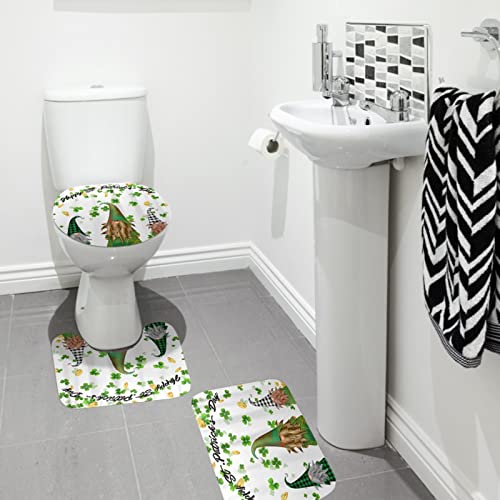 Jlong 4 Pcs St. Patrick's Day Shower Curtain Set with Non-Slip Rugs, Toilet Lid Cover Bath Mat, Lucky Green Leaves Irish Gnomes Elf Shower Curtain with Hooks, Farmhouse Spring Holiday Bathroom Decor