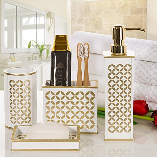 Creative Scents White Bathroom Accessories Set - Decorative 4 Piece Bathroom Accessory Set Includes: Soap Dispenser, Toothbrush Holder, Soap Dish and Tumbler, Gift Packaged (Diamond Lattice)