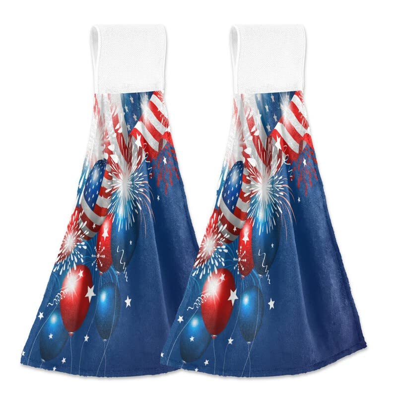 American Flag Fireworks Hanging Kitchen Towels USA 4th of July Independence Hand Towel 2PCS Dish Cloth Tie Towel Absorbent Oven Stove Washcloth with Loop for Bathroom Home Decorative