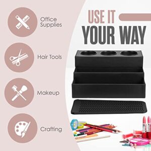 Hair Tool Organizer, Blow Dryer Holder, Flat Iron Storage, 12”x10.5”, Black, 3 Tier, Hot Tools Station, Styling Product Caddy, Organizers for Bathroom, Countertop, Vanity w/Silicone Mat | Houseables