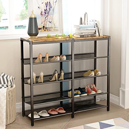 AWQM 5 Tier Shoe Rack Organizer,Industrial Closet organizer,Holds 12-15 Pairs of Shoes,Stackable Shoe Shelf with 4 Metal Mesh Shelves /Wood Tabletop,Coset Shelf for Entryway, Hallway, Closet, Brown