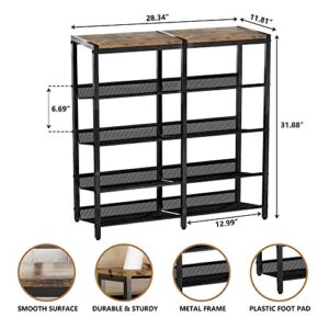 AWQM 5 Tier Shoe Rack Organizer,Industrial Closet organizer,Holds 12-15 Pairs of Shoes,Stackable Shoe Shelf with 4 Metal Mesh Shelves /Wood Tabletop,Coset Shelf for Entryway, Hallway, Closet, Brown