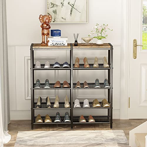 AWQM 5 Tier Shoe Rack Organizer,Industrial Closet organizer,Holds 12-15 Pairs of Shoes,Stackable Shoe Shelf with 4 Metal Mesh Shelves /Wood Tabletop,Coset Shelf for Entryway, Hallway, Closet, Brown