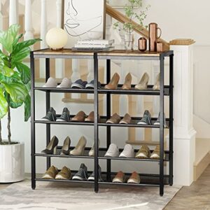 AWQM 5 Tier Shoe Rack Organizer,Industrial Closet organizer,Holds 12-15 Pairs of Shoes,Stackable Shoe Shelf with 4 Metal Mesh Shelves /Wood Tabletop,Coset Shelf for Entryway, Hallway, Closet, Brown