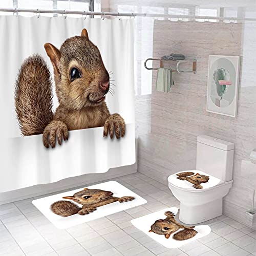 Squirrel 4-Piece Set Shower Curtains Waterproof, Animals 3D Shower Curtain Set, with Non-Slip Rug, Toilet Lid Cover and Bath Mat, for Bathroom Decoration with 12 Hooks-36" X 72"