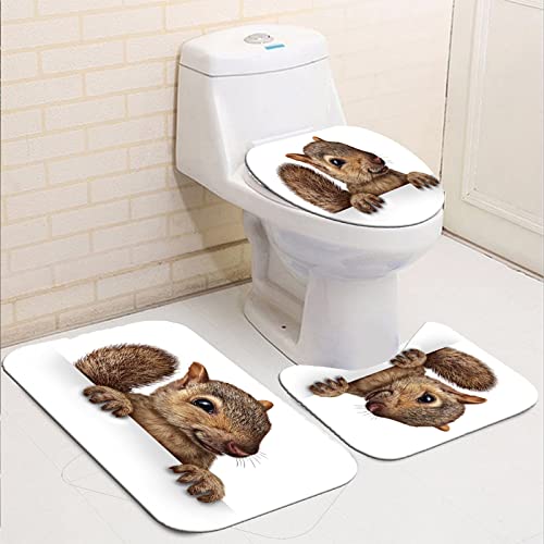 Squirrel 4-Piece Set Shower Curtains Waterproof, Animals 3D Shower Curtain Set, with Non-Slip Rug, Toilet Lid Cover and Bath Mat, for Bathroom Decoration with 12 Hooks-36" X 72"