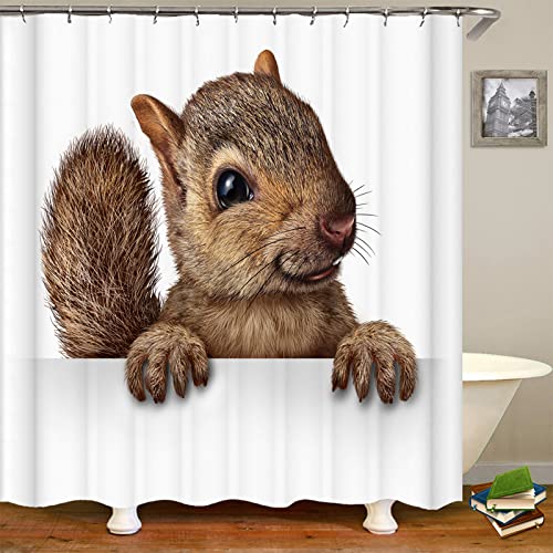 Squirrel 4-Piece Set Shower Curtains Waterproof, Animals 3D Shower Curtain Set, with Non-Slip Rug, Toilet Lid Cover and Bath Mat, for Bathroom Decoration with 12 Hooks-36" X 72"