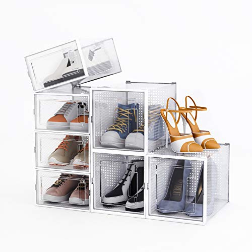 Shoe Storage Shoe Box Container, Stack-able Shoe Box Fold-able Side Open Shoe Box Storage Collapsible & Interlocking Cube Storage Bins for Men Women Shoes Sneakers Clear Transparent Set of 6 packs