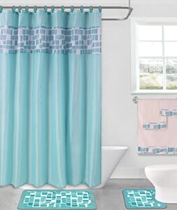 gorgeoushomelinen 15 piece complete bathroom bundle set printed design assorted colors bathroom decor with shower curtain, with hooks and non slip math rugs (mosaic turquoise)