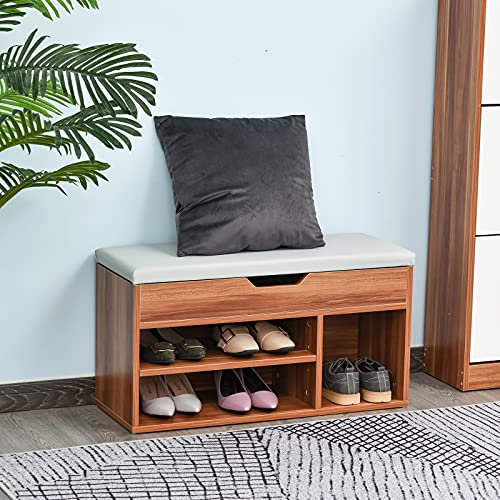 HOMCOM Shoe Rack Bench, Storage Organizer with Padded Cushion, Shelves, Hidden Compartments for Shoes, Boots, High Heel, Brown