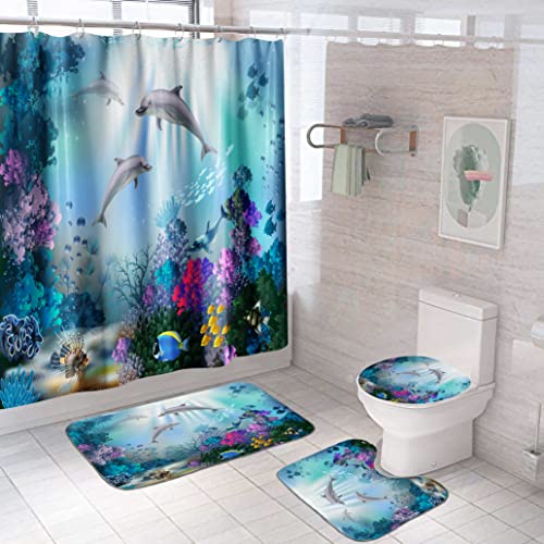 GRIEKOWE 4 Pcs Dolphin Shower Curtain Sets with Non-Slip Rugs, Toilet Lid Cover and Bath Mat, Underwater Algaes Coral Reefs Sunbeam Tropical Fish Shower Curtain with 12 Hooks, 72"x72"