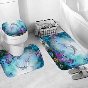 GRIEKOWE 4 Pcs Dolphin Shower Curtain Sets with Non-Slip Rugs, Toilet Lid Cover and Bath Mat, Underwater Algaes Coral Reefs Sunbeam Tropical Fish Shower Curtain with 12 Hooks, 72"x72"