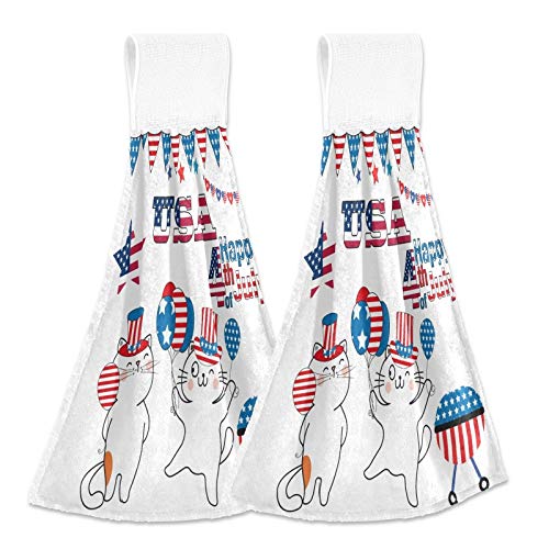 2 Pack USA Happy 4Th of July Hanging Kitchen Towel Cute Patriotic Cats Hand Towels Soft Coral Velvet Loop Dish Towel for Bathroom Washcloth Absorbent Tie Towel