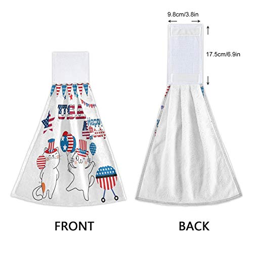 2 Pack USA Happy 4Th of July Hanging Kitchen Towel Cute Patriotic Cats Hand Towels Soft Coral Velvet Loop Dish Towel for Bathroom Washcloth Absorbent Tie Towel