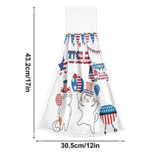 2 Pack USA Happy 4Th of July Hanging Kitchen Towel Cute Patriotic Cats Hand Towels Soft Coral Velvet Loop Dish Towel for Bathroom Washcloth Absorbent Tie Towel