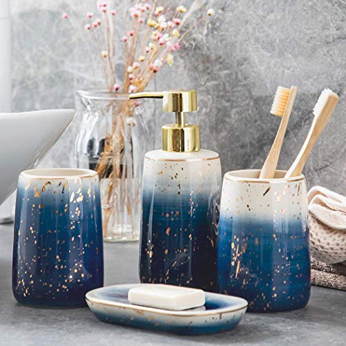 Modern Ceramics Bathroom Accessories Set, Home Gift Decoration Set,4 Piece Bath Accessories Set with Soap Dispenser, Toothbrush Tumbler,Soap Dish,Tooth Mugs