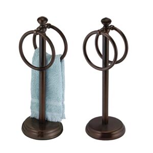 mdesign steel towel rack holder stand with 2 hanging rings for bathroom vanity countertops - space saving hand towel holder - hyde collection - 2 pack - bronze