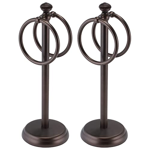 mDesign Steel Towel Rack Holder Stand with 2 Hanging Rings for Bathroom Vanity Countertops - Space Saving Hand Towel Holder - Hyde Collection - 2 Pack - Bronze