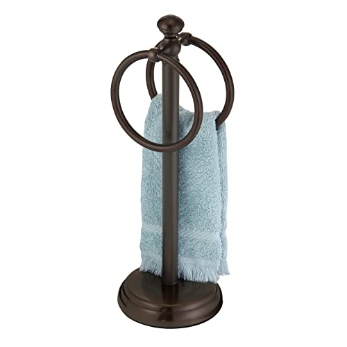 mDesign Steel Towel Rack Holder Stand with 2 Hanging Rings for Bathroom Vanity Countertops - Space Saving Hand Towel Holder - Hyde Collection - 2 Pack - Bronze