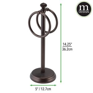 mDesign Steel Towel Rack Holder Stand with 2 Hanging Rings for Bathroom Vanity Countertops - Space Saving Hand Towel Holder - Hyde Collection - 2 Pack - Bronze