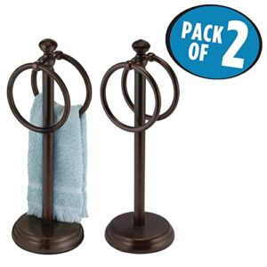 mDesign Steel Towel Rack Holder Stand with 2 Hanging Rings for Bathroom Vanity Countertops - Space Saving Hand Towel Holder - Hyde Collection - 2 Pack - Bronze