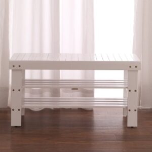 White Finish Solid Wood Storage Shoe Bench Shelf