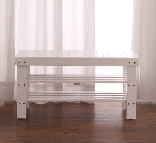 White Finish Solid Wood Storage Shoe Bench Shelf