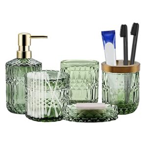 bestyijo 5pcs glass bathroom accessories set, includes lotion dispenser, soap dish, toothbrush holder, tumbler, cotton swab jar, modern vintage bathroom decor green crystal clear decoration gift