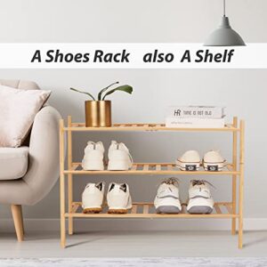 Candockway 3-Tier Free Standing Shoe Racks, Stackable Shoe Organizer for Entryway, Bamboo Shoe Rack for Closet, Multifunctional Shoe Shelf for Balcony Bathroom Living Room and Hallway