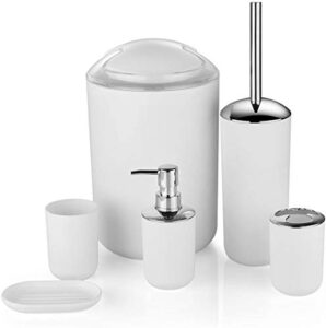 6 pcs plastic bathroom accessory set luxury bath accessories bath set lotion bottles, toothbrush holder, tooth mug, soap dish, toilet brush, trash can, rubbish bin (white)