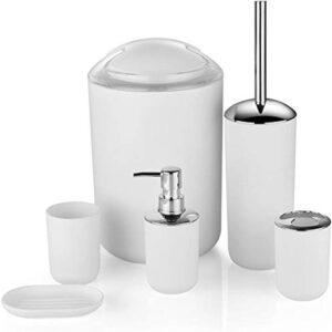 6 Pcs Plastic Bathroom Accessory Set Luxury Bath Accessories Bath Set Lotion Bottles, Toothbrush Holder, Tooth Mug, Soap Dish, Toilet Brush, Trash Can, Rubbish Bin (White)