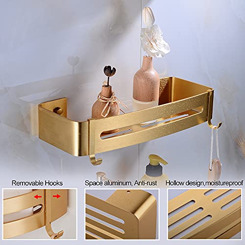 Coolnice 2 Pack Shower Caddy Shelf Organizer Aluminum Rectangle Shower Shelf with 4 Hooks Wall Mount Bathroom Shelf for Bathroom Toilet Kitchen No Need Drilling with Adhesive-Orange